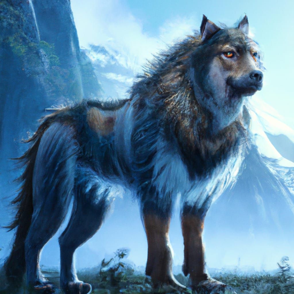 Long and thick coated Fluffy Wolf with stripes and the mane of a lion ...