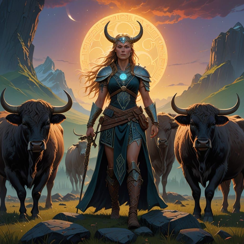 Fehu Rune behind Freya with cattle
