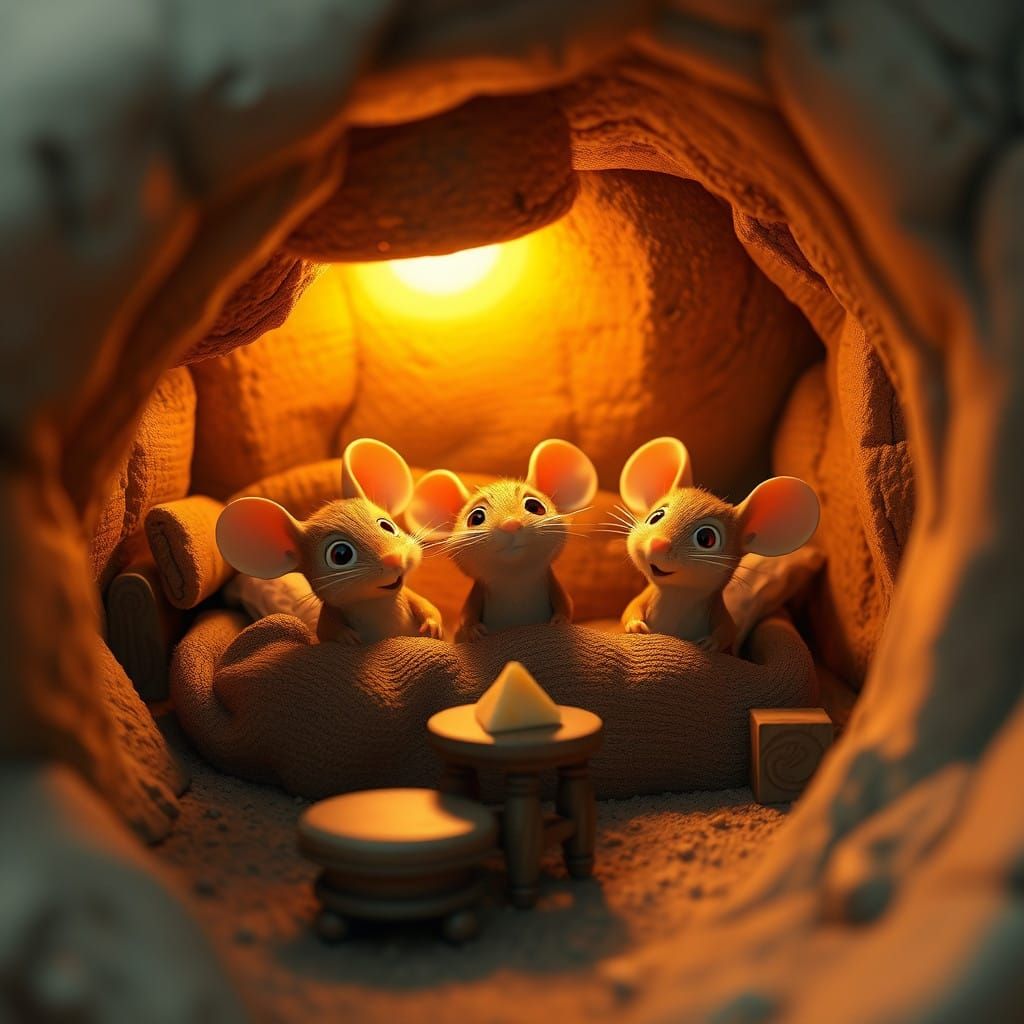 3D Pixar cartoon style, A cozy family of mice huddled in their warm ...