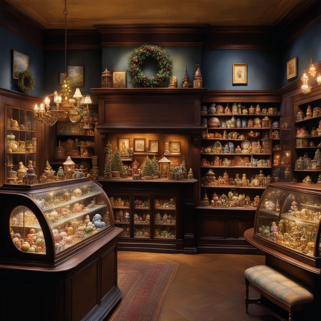 Quaint colorful, deep color, toy store interior, pastel painting, by ...