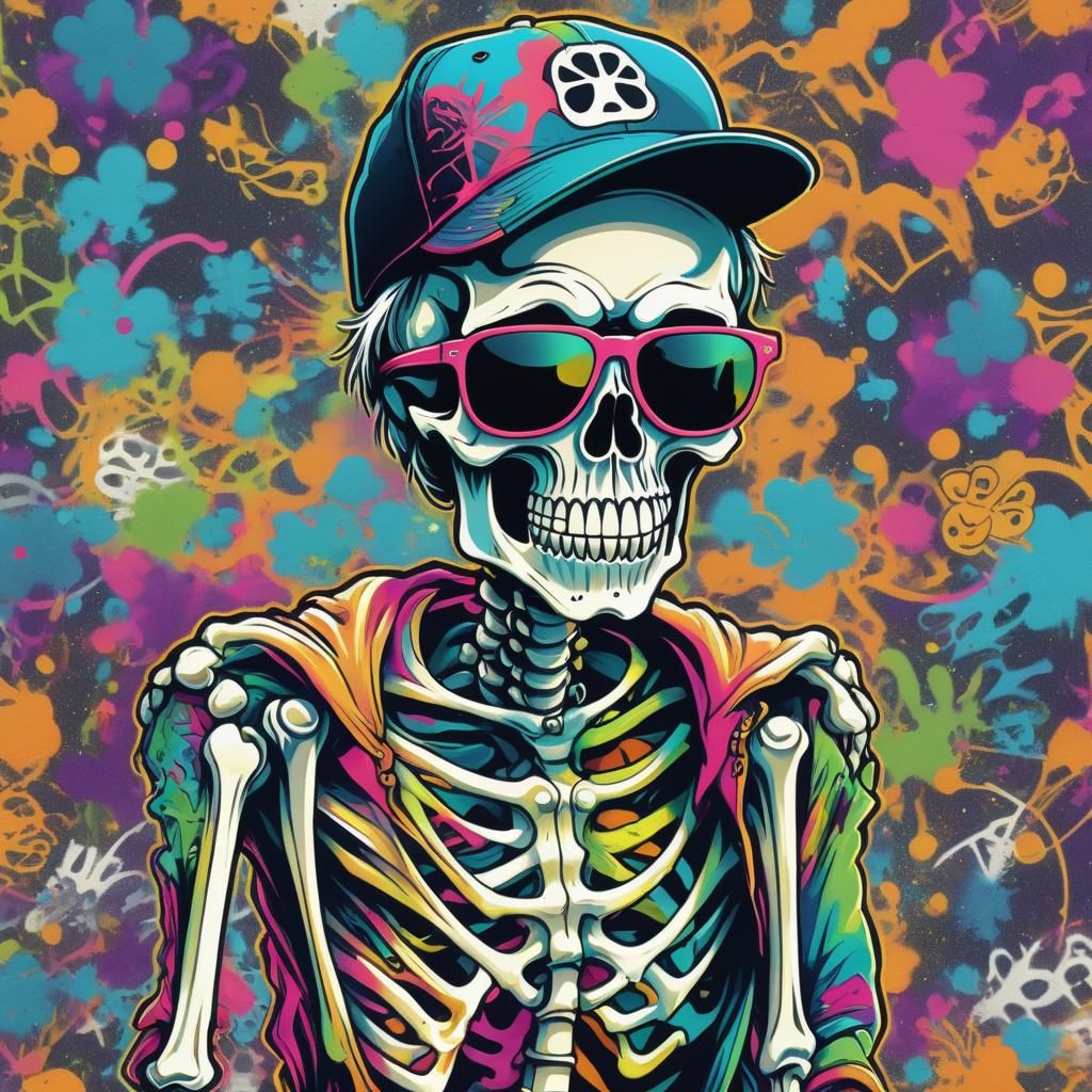 Vibrant Skeleton in Psychedelic Graffiti Style - AI Art