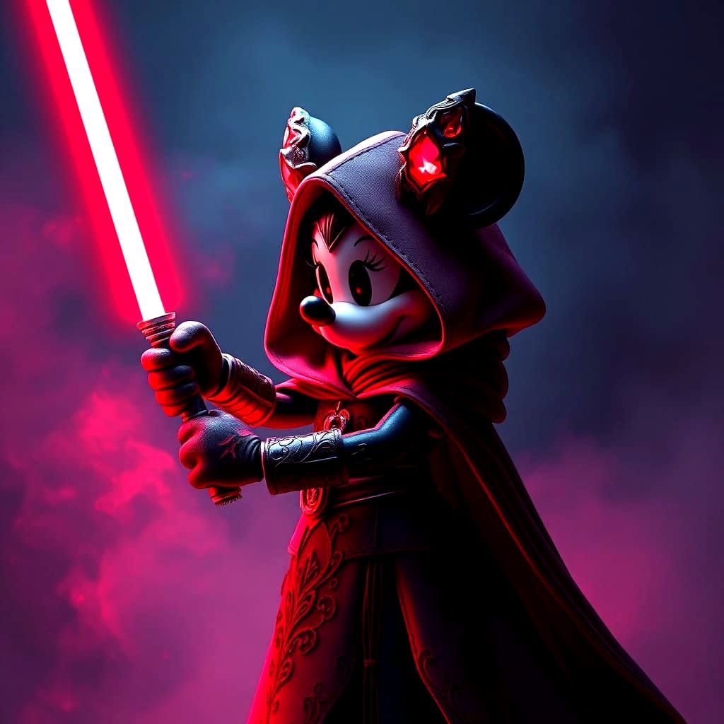 Minnie Mouse, a Sith Lord draped in a dark, intricate gown with a ...