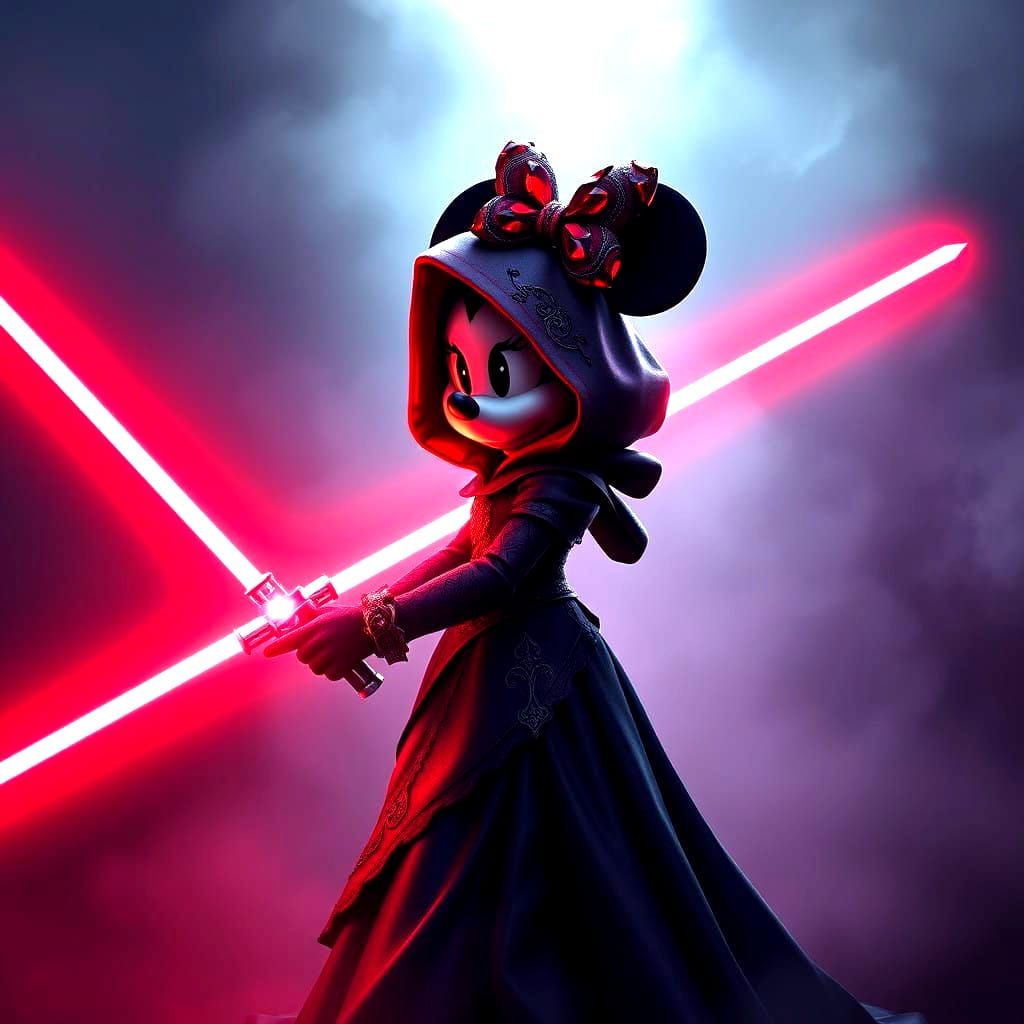 Minnie Mouse, a Sith Lord draped in a dark, intricate gown with a ...