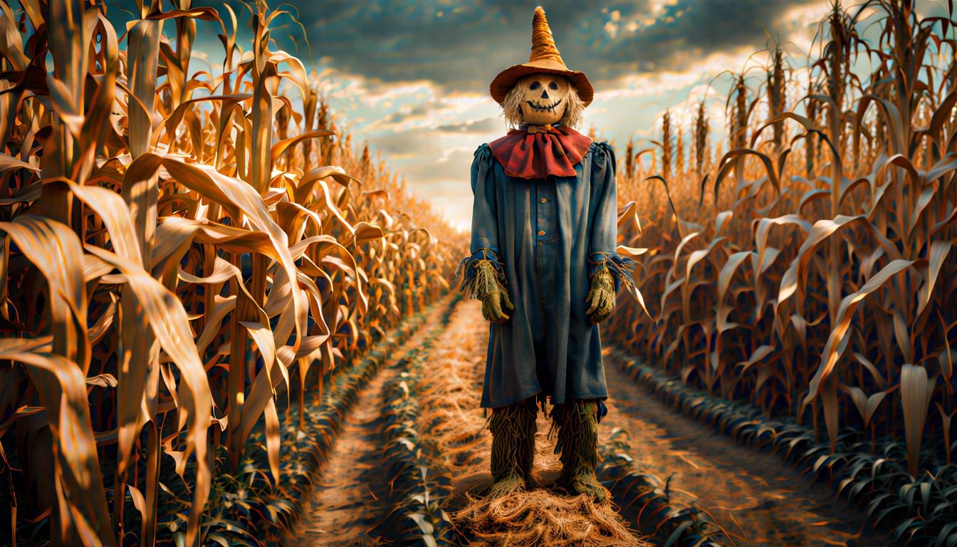 A well defined scarecrow in a realistic corn maze , intricately ...