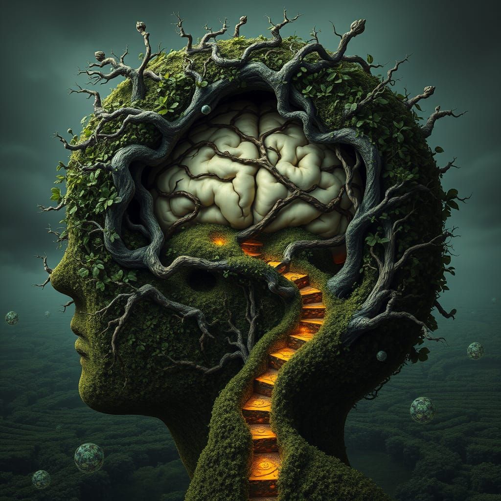 Sentient Tree - Surreal Landscape with Brain Shrouded in Maz...
