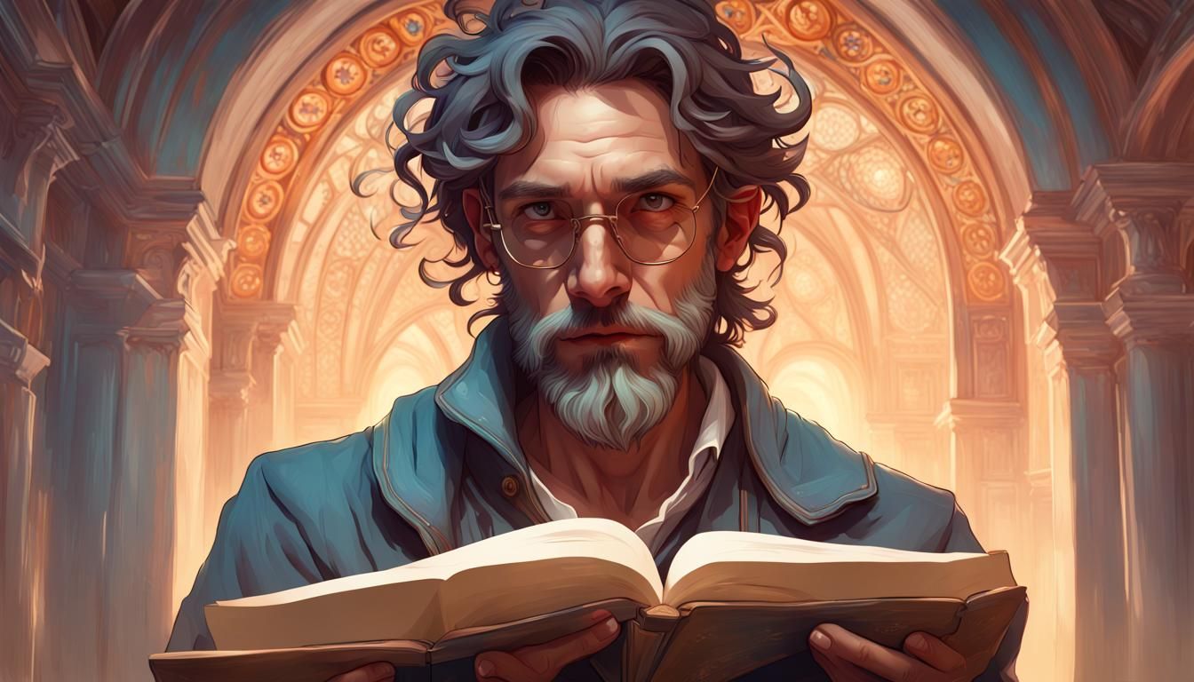 A poet, reading from a large poetry book, with large notice saying "Top ...