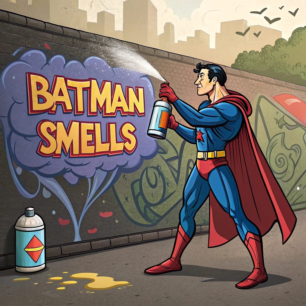 Superman is holding a spray can, on the wall in colourful graffiti it ...