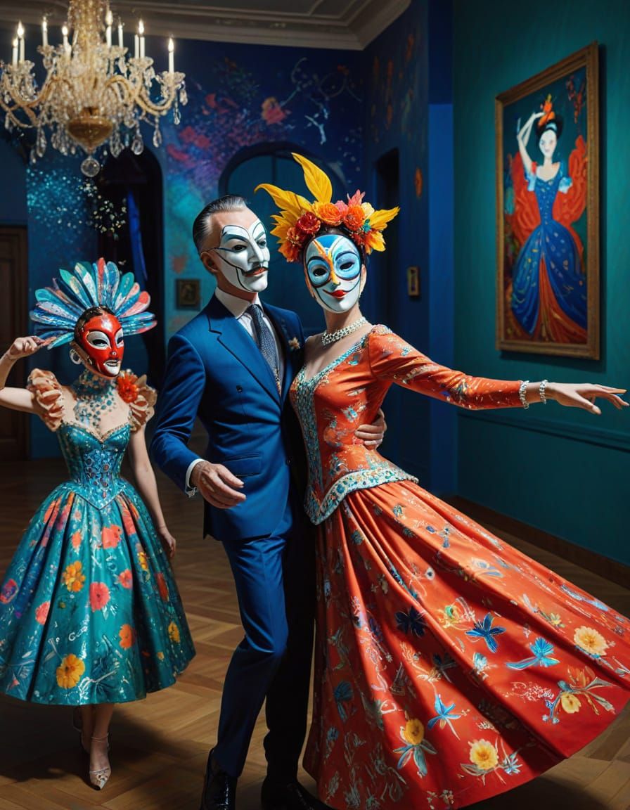 A ball where masks hide distorted faces and extravagant costumes ...