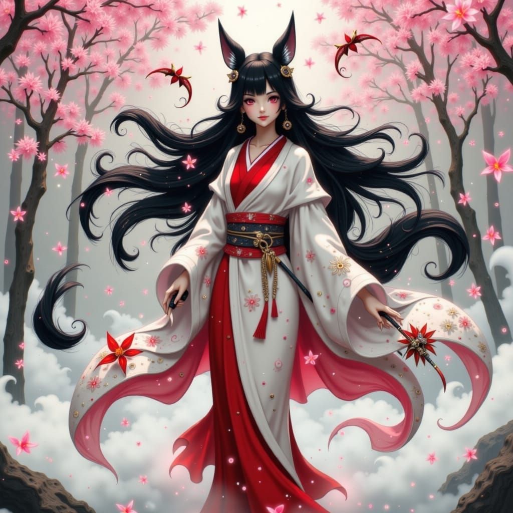 Kitsune with Bloody Katana in Cherry Blossom Fores... - AI Art