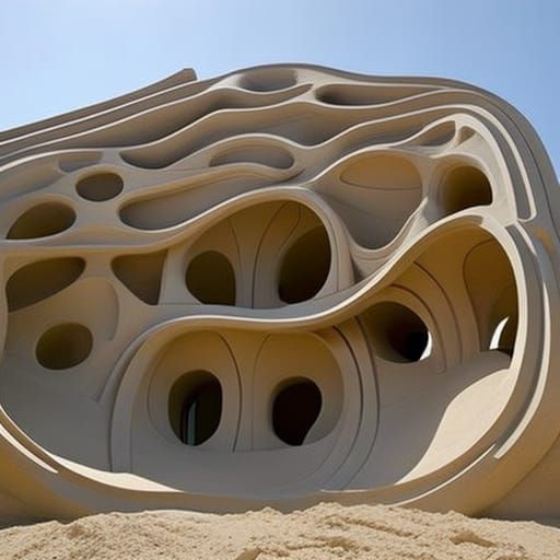 biomorphic round epic sand castle architecure, curvy sand columns, zaha ...