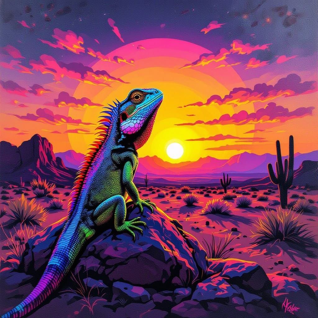 Neon Lizard in Desert Sunset, Graffiti Art - AI Art