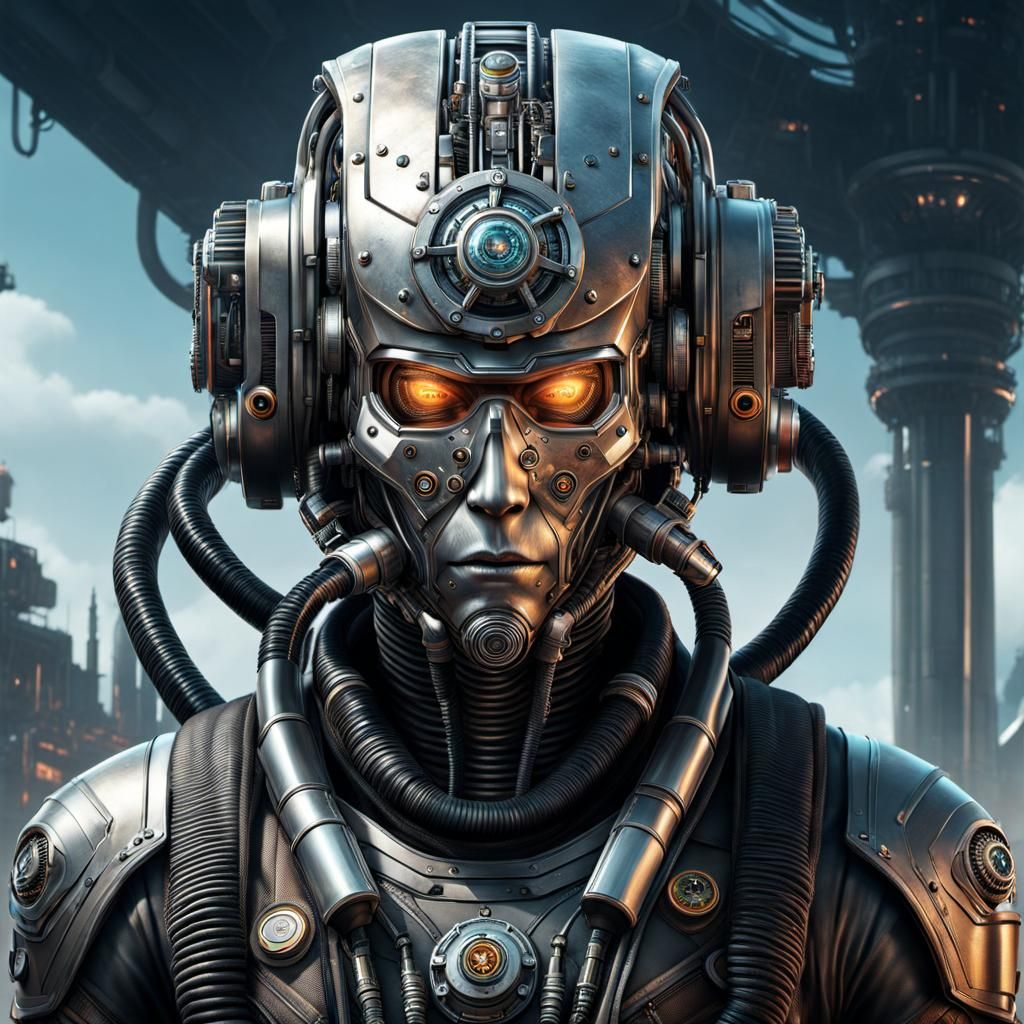 cyborg with head connected to a diesel engine backpack - AI Generated ...