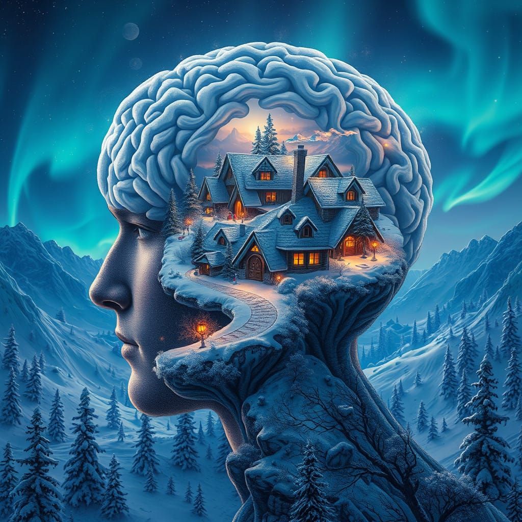 Illusionary concept art inside the head of a man