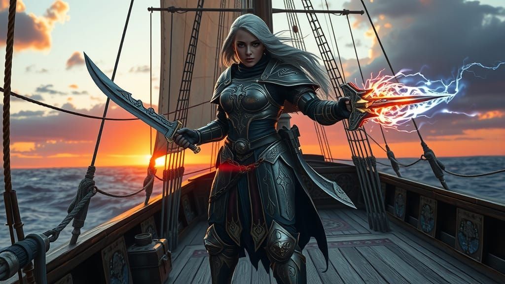 Aasimar-woman paladin, with silver shoulder-length hair, wielding a curved katana with a ...