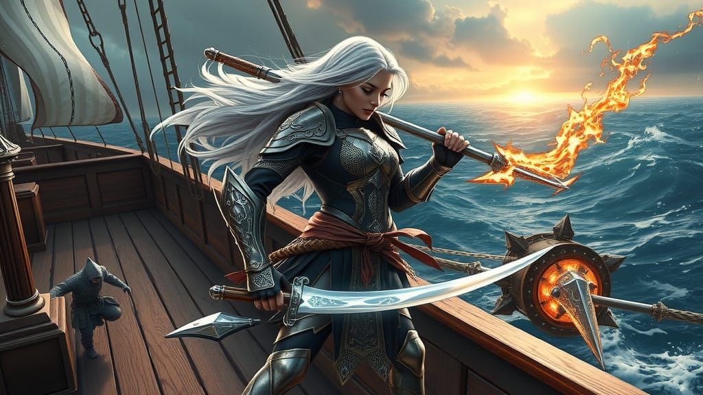 Aasimar-woman paladin, with silver shoulder-length hair, wielding a curved katana with a ...
