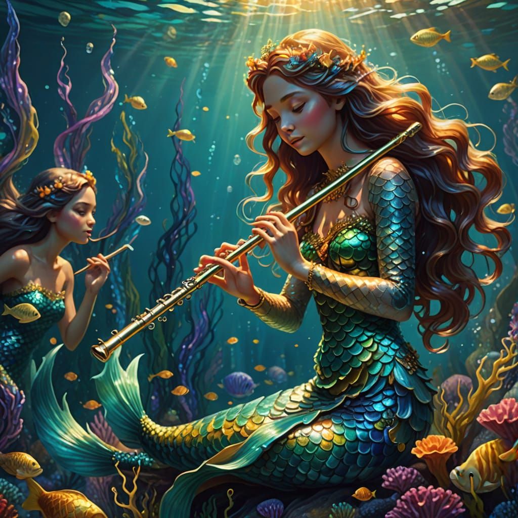 Enchanting Mermaids Play Flute Underwater, Pixar-S... - AI Art