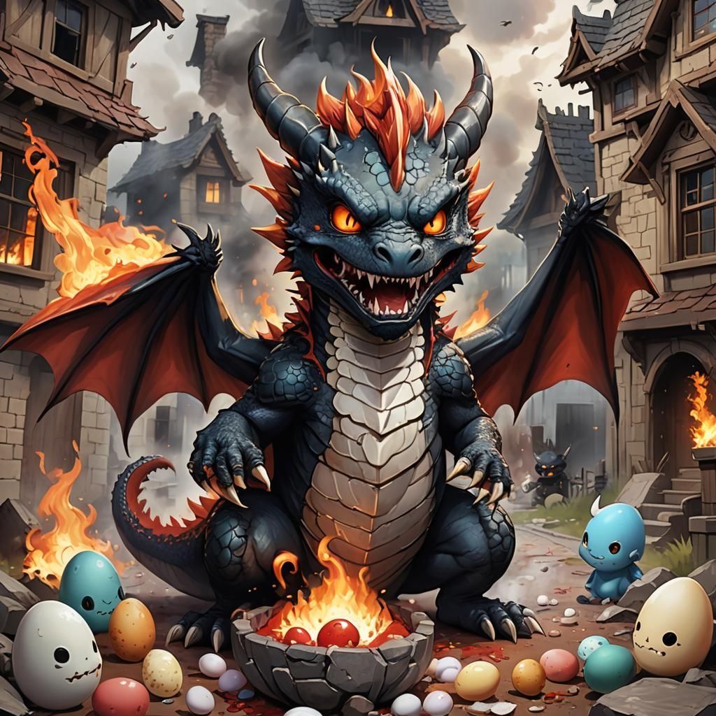 An absolutely evil and angry chibi dragon protecting its hatching eggs ...