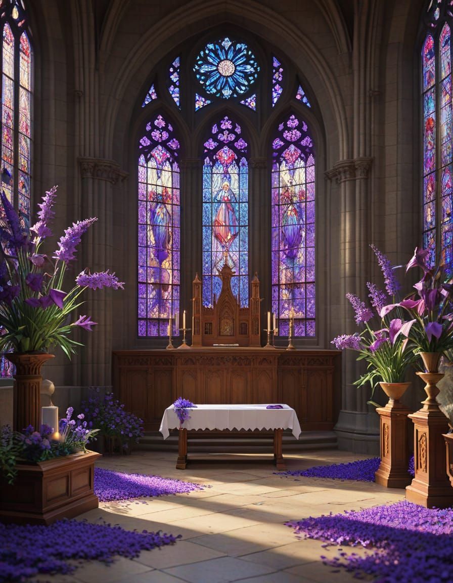 Cathedral altars within an interior scene, adorned with stained glass windows and purple ...