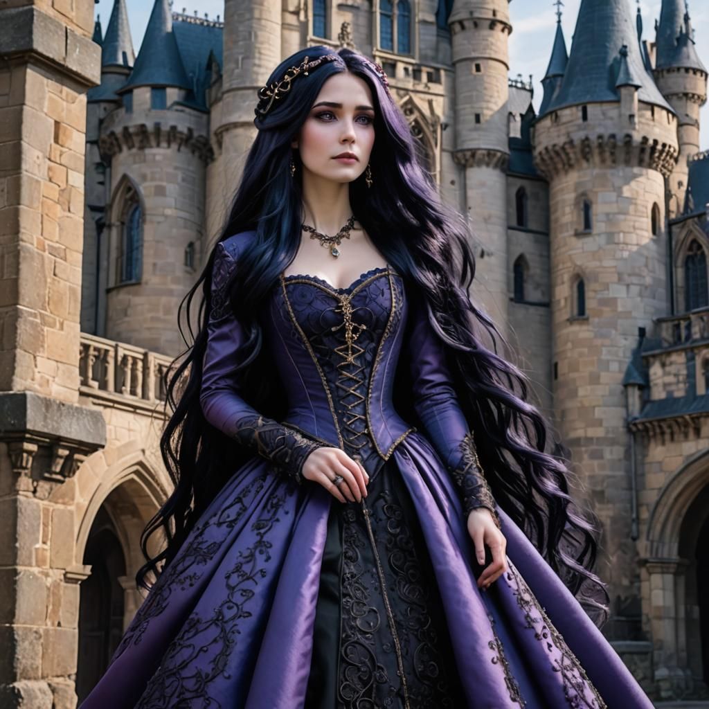 Gothic Rapunzel,with very long black-blue hair, in gorgeous violet gown. In tower. - AI ...