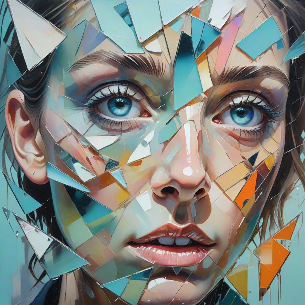 A fragmented mind - Surreal Fragmented Face in Pastel Oil Pa...