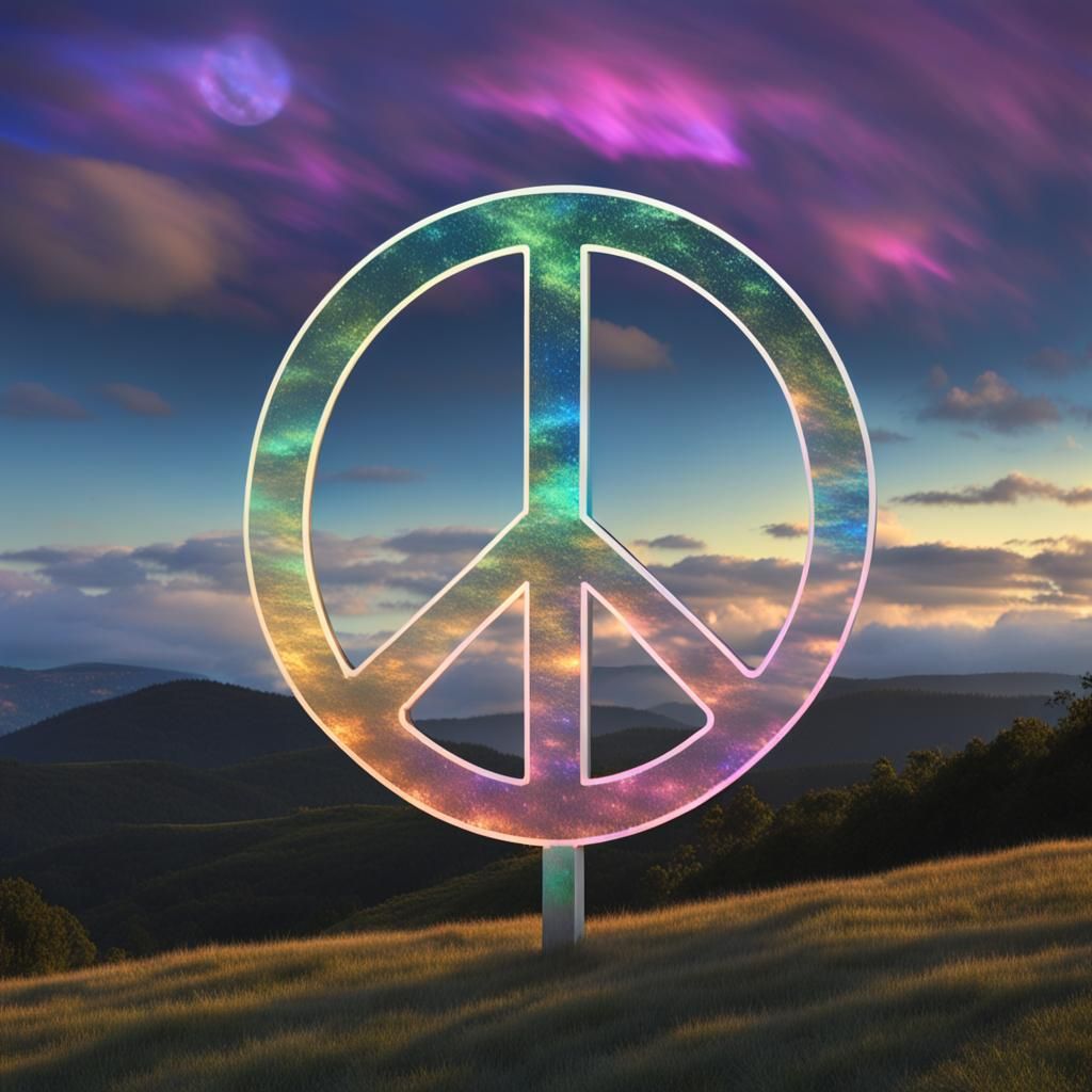 iridescent peace sign with faint faery lights on a hill with clouds ...