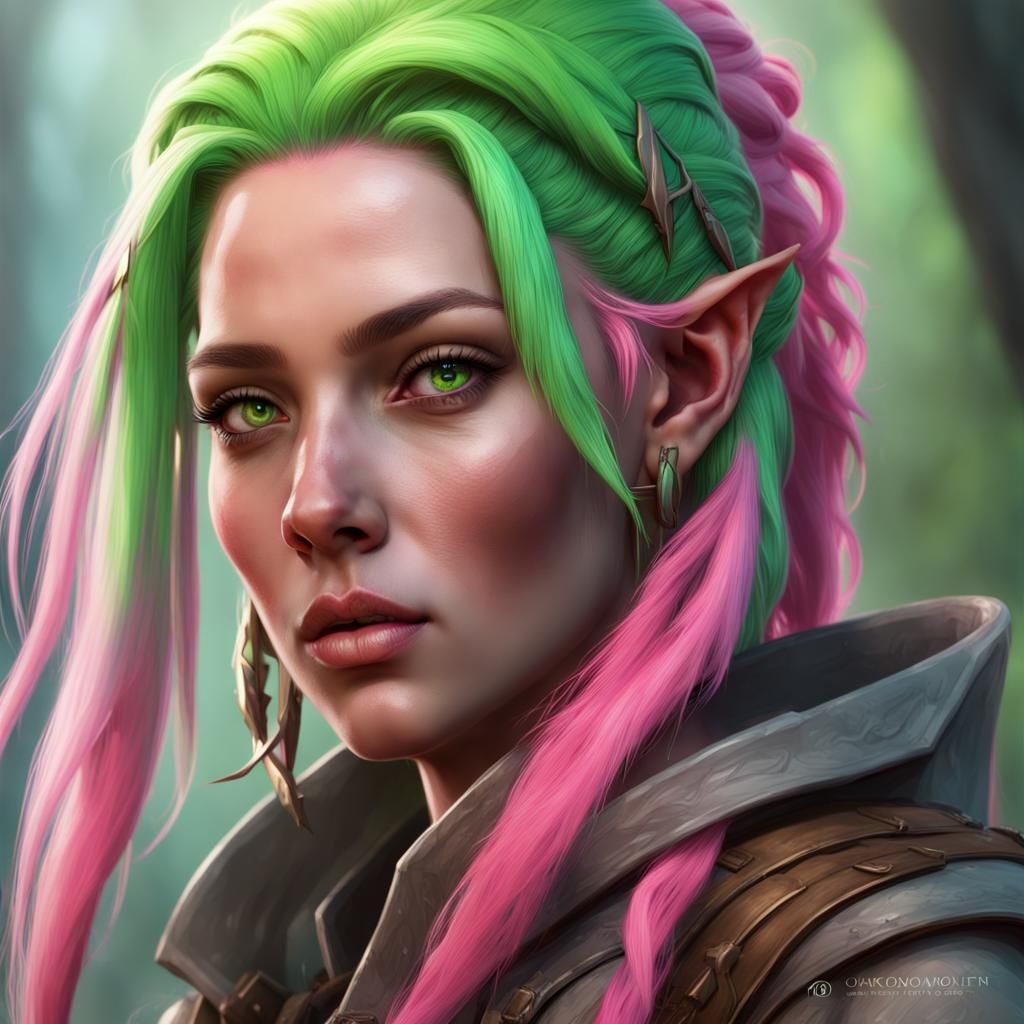 A female elven ranger with pink dreadlocks dappled by neon green hair ...