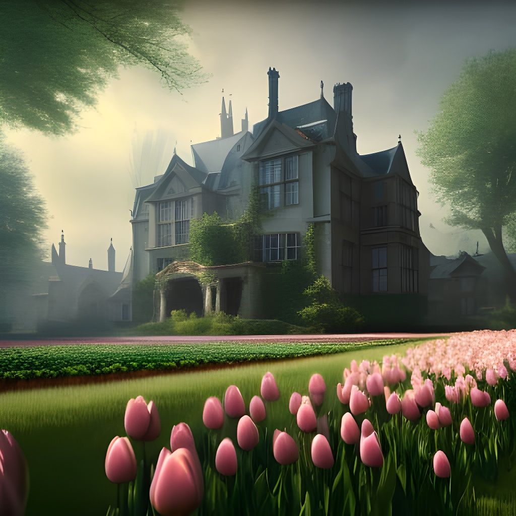A beautiful ghotic manor surrounded by tulips a masterpiece, 8k ...