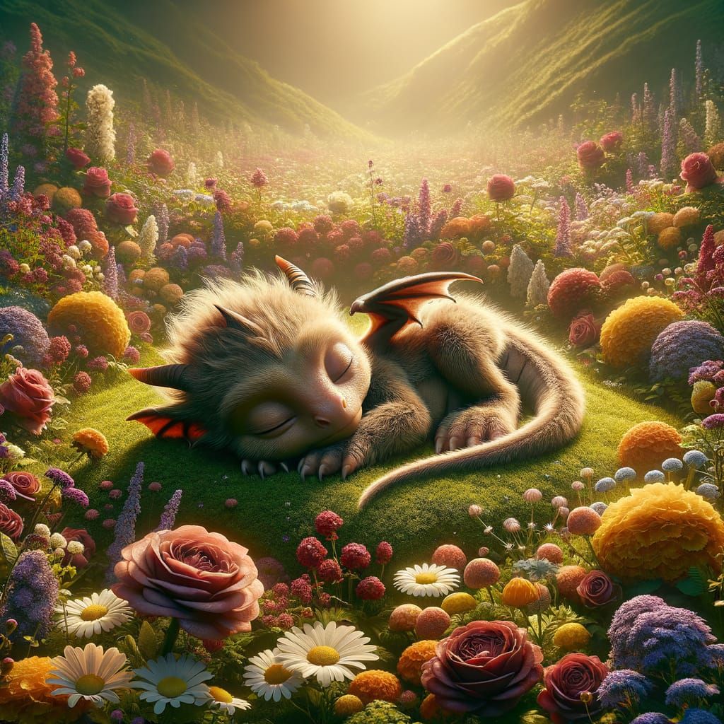 Flower Dragon - Peaceful Fuzzy Dragon in Vibrant Floral Wond...