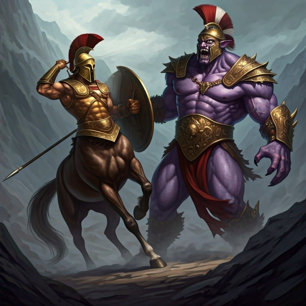 Centaur Warrior Battles Mythical Purple Ogre in Ep... - AI Art
