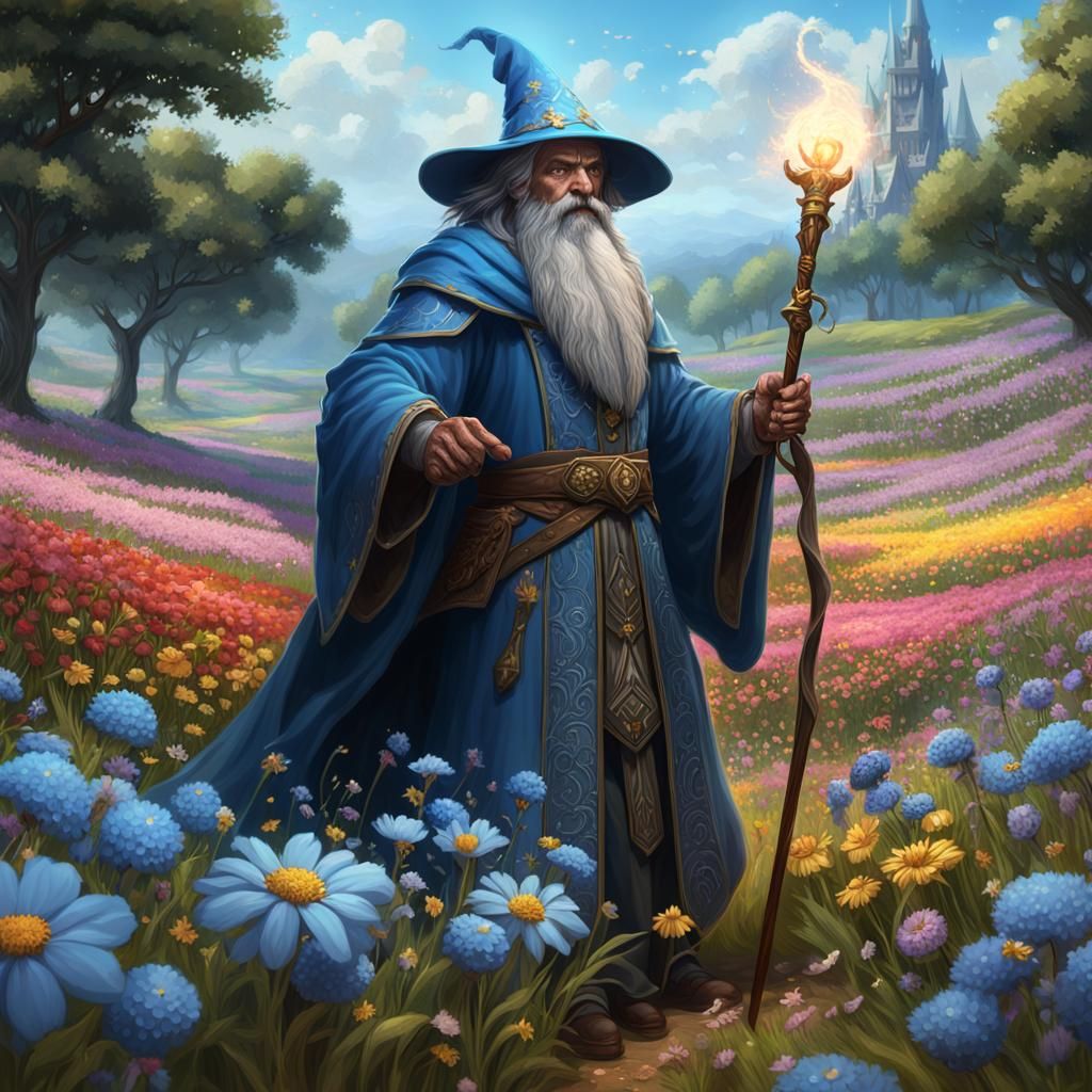 a wizard with a staff in a field of flowers, Artstation contest winner ...