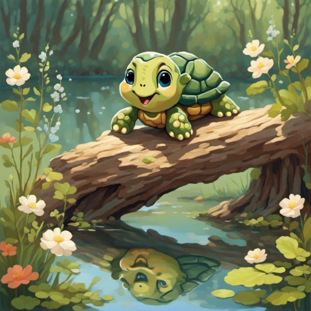cute chibi turtle on log - AI Generated Artwork - NightCafe Creator