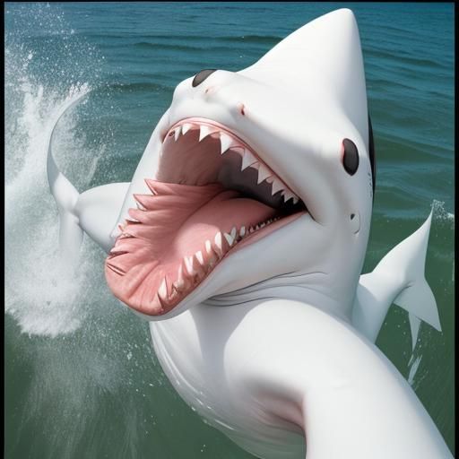 A giant white pointer shark is laughing and laughing as he eats a leg - AI Generated Artwork ...