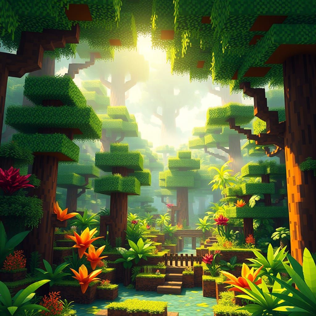 Minecraft Jungle - Lush Blocky Jungle Scene in Vibrant Pixel...