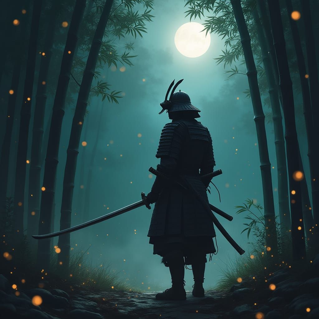 Surreal Samurai Emerges from Bamboo Forest Mist in... - AI Art