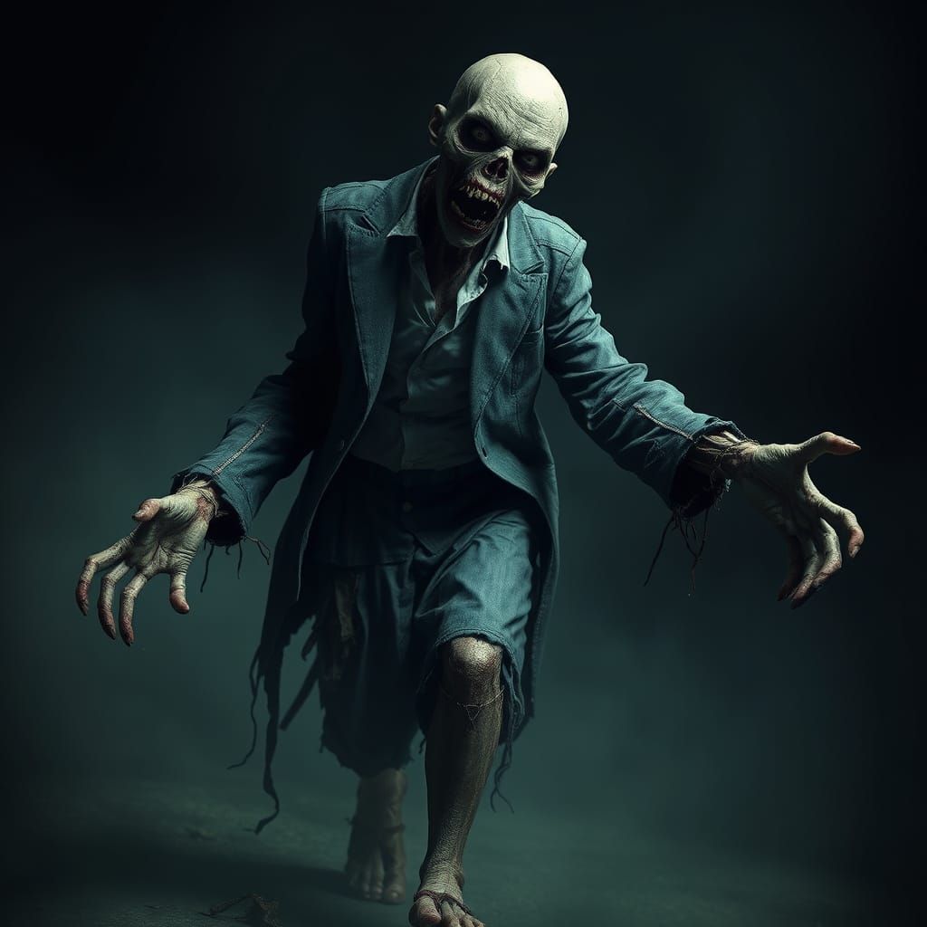 Decayed Zombie Shambles Forward in Dark, Gothic St... - AI Art
