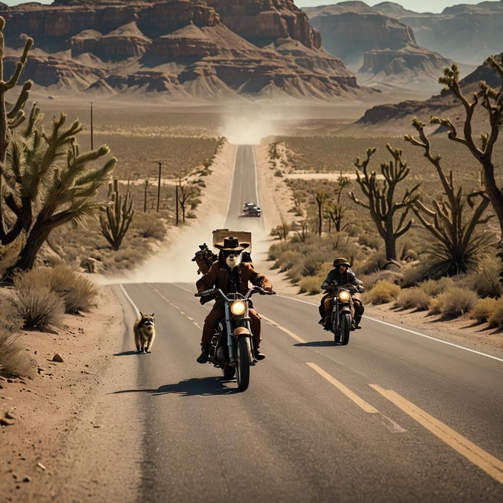 a small monkey dressed as a western town sherif, riding a sports motorcycle through the desert ...