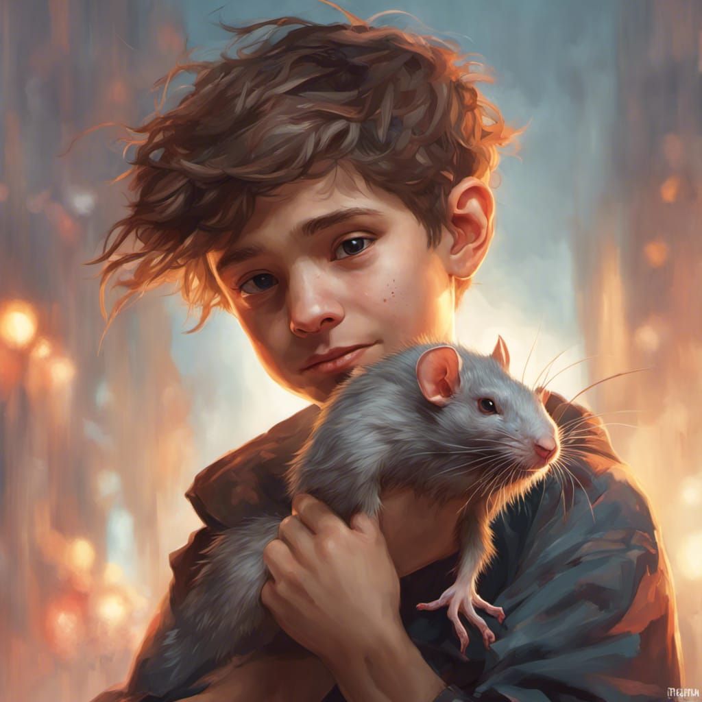 boy holding pet rat - Boy with Rat Portrait in Hyperdetailed...
