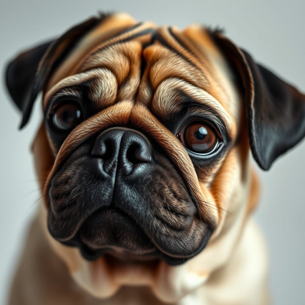 Only a head shot of a pug dog with no background. Professional photography, boke...