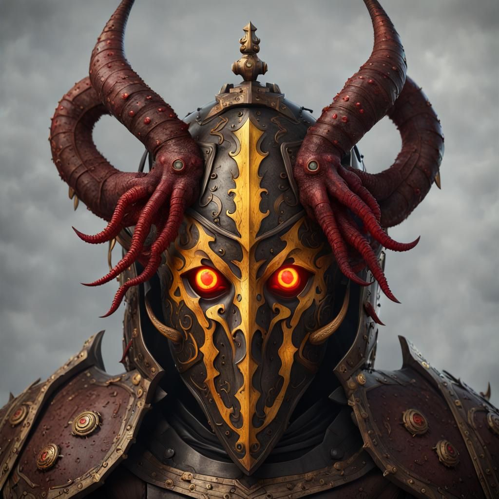 Wooden mask with eight red eyes,horns,fangs and glowing yellow runes ...