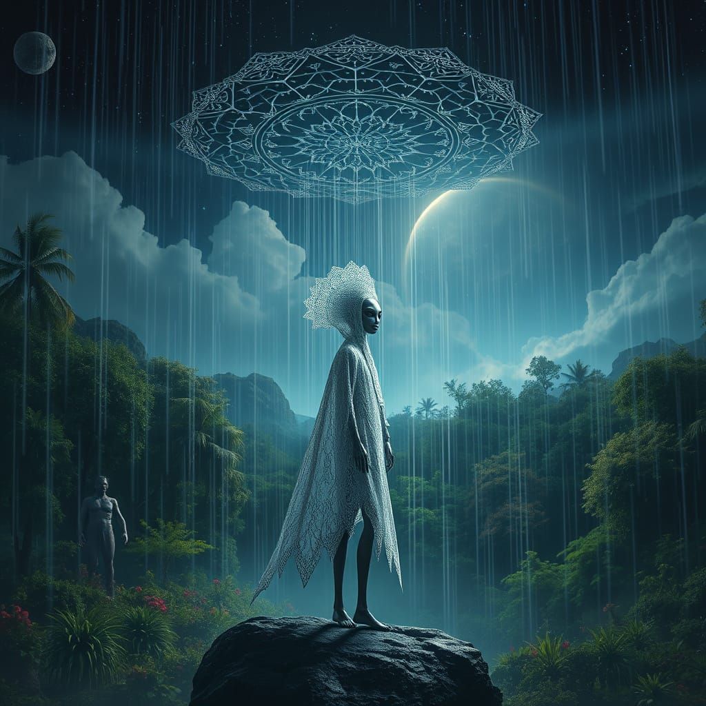 Ethereal Alien Figure in Lush Forest Under Celesti... - AI Art