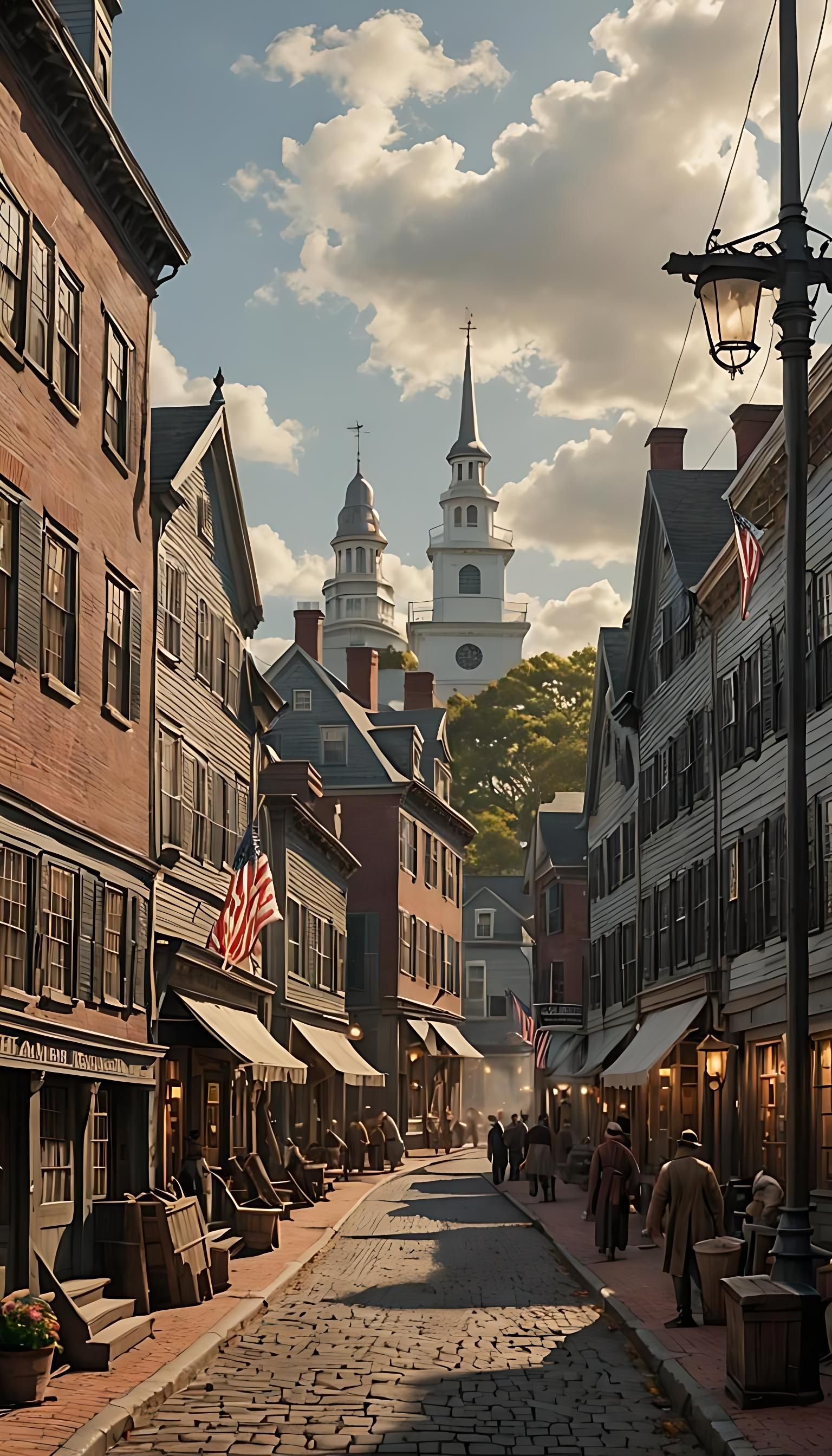 Scene from a historic New England Colonial Port City. detailed matte ...