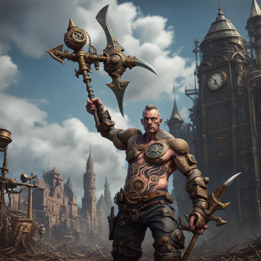 Large tattoo Punk Goliath with a halberd wearing Steampunk - AI ...
