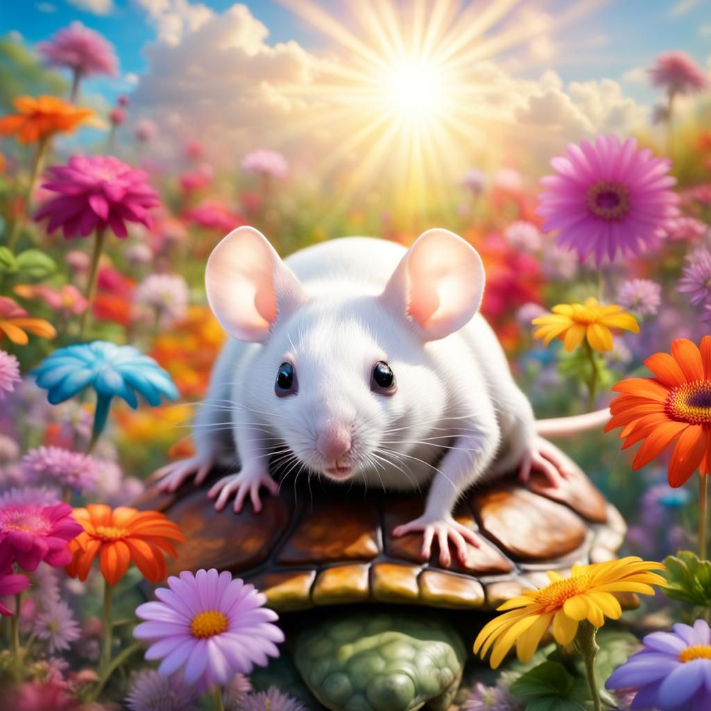 A beautiful, happy, large white mouse is riding through a vibrant ...