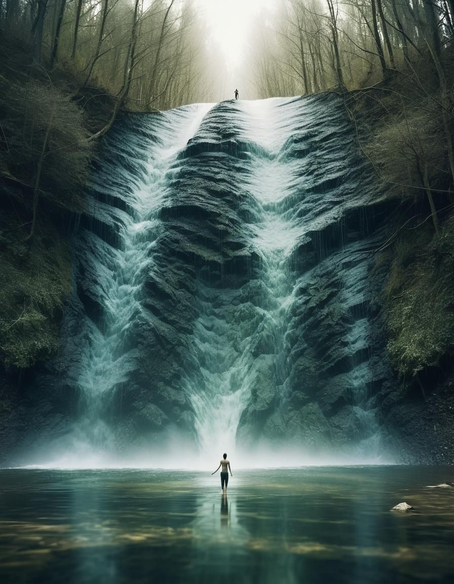 A human waterfall, rivers coursing through the veins, double exposure ...