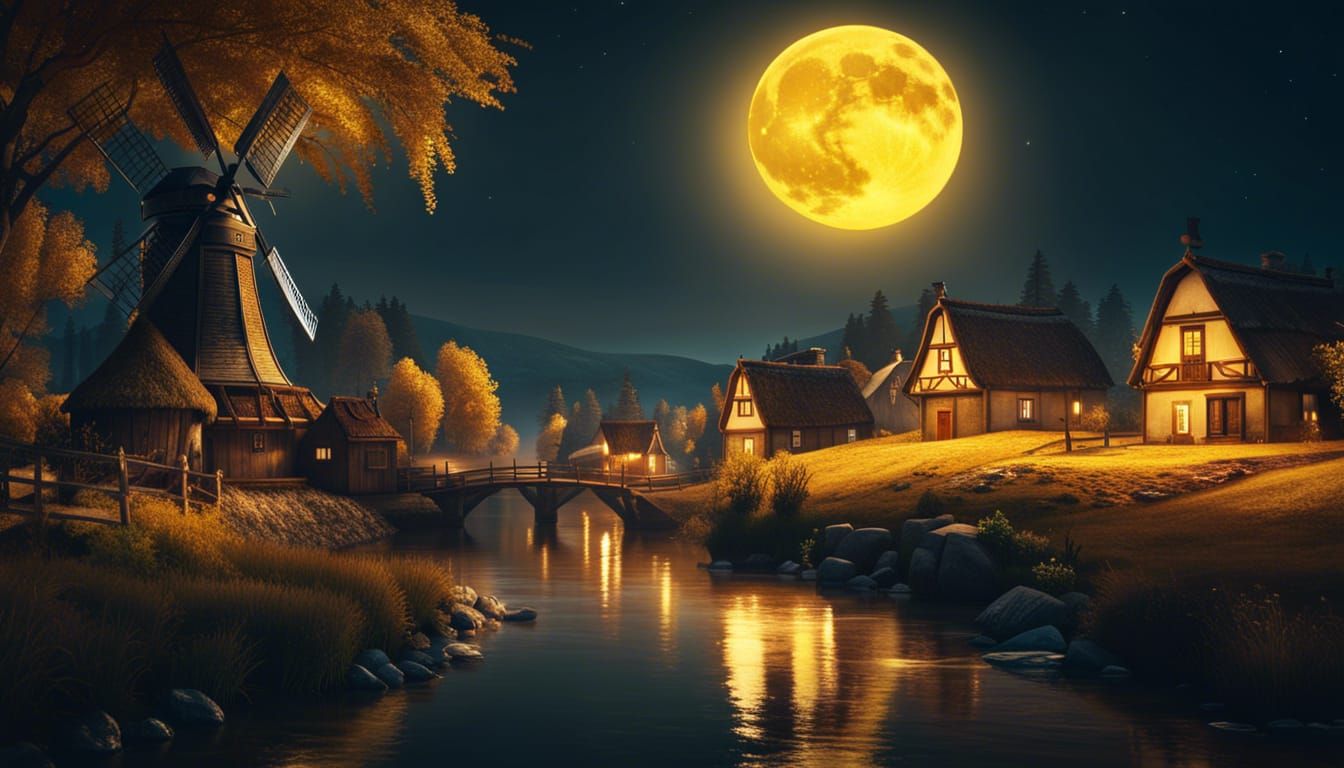 Fantasy countryside village with a Windmill close to a river. Yellowish ...