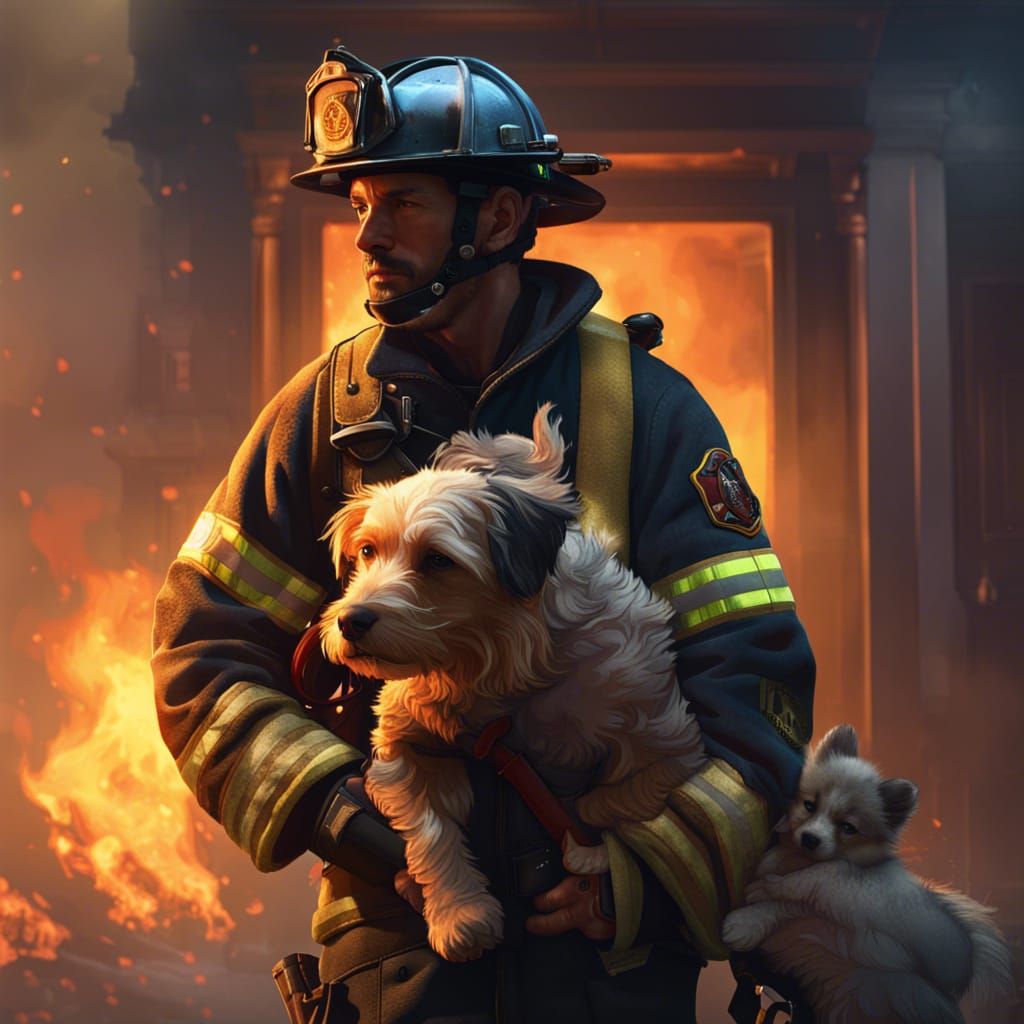 firefighter saving dogs - AI Generated Artwork - NightCafe Creator