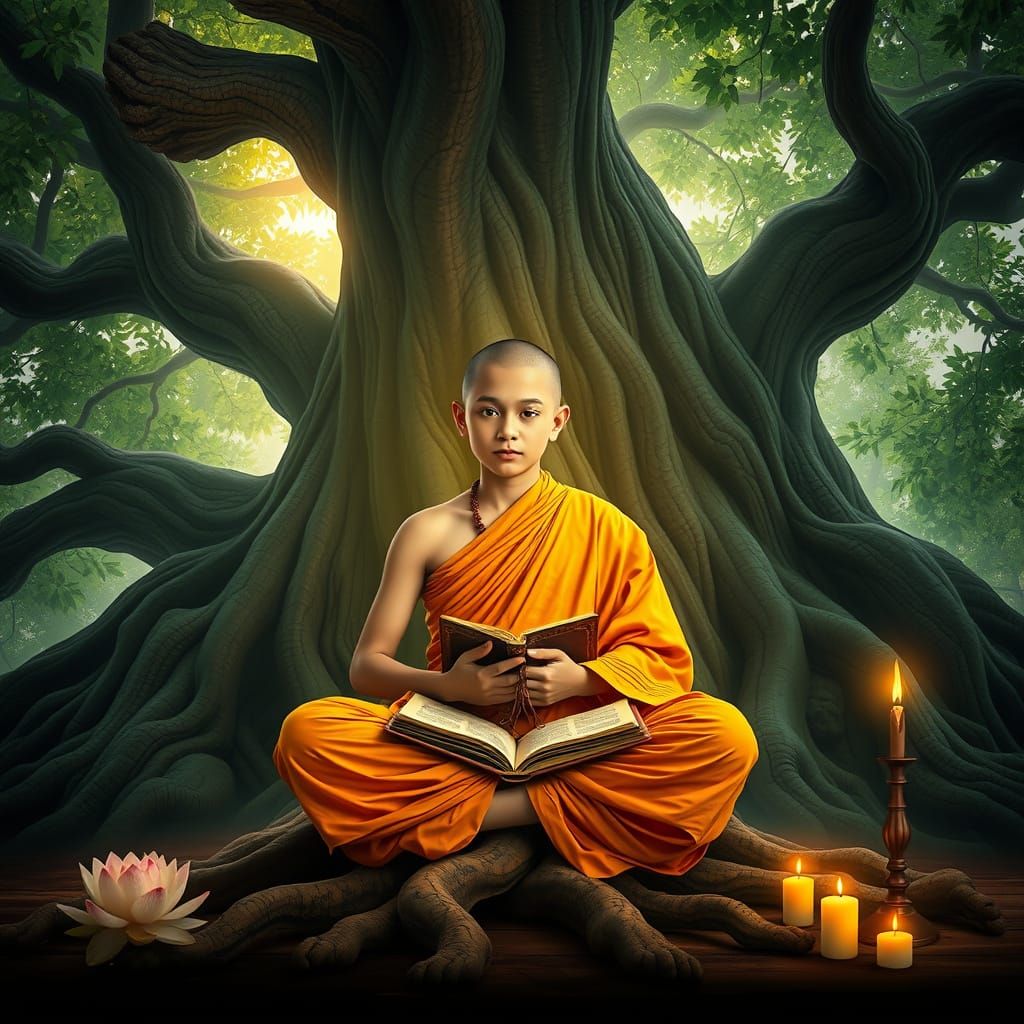 A collectible artwork showing a young Buddhist monk in saffron robes ...