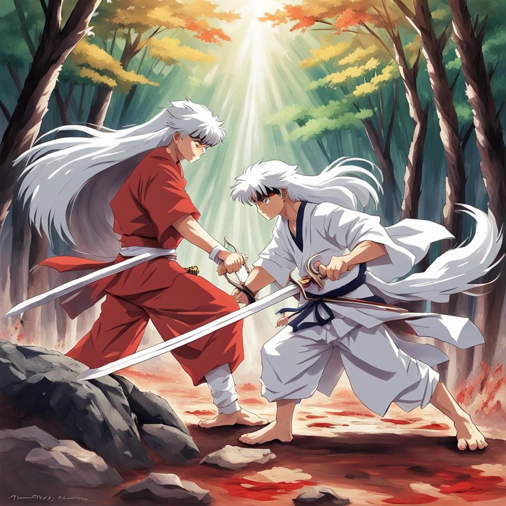 Inuyasha crossing swords with his older brother Sesshomaru battling to ...