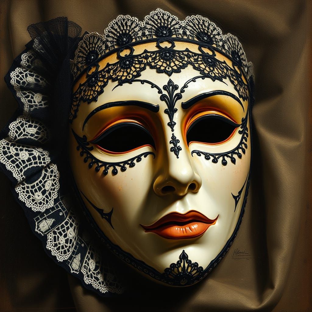 venetian ceramic mask, with black and white lace details, painting ...