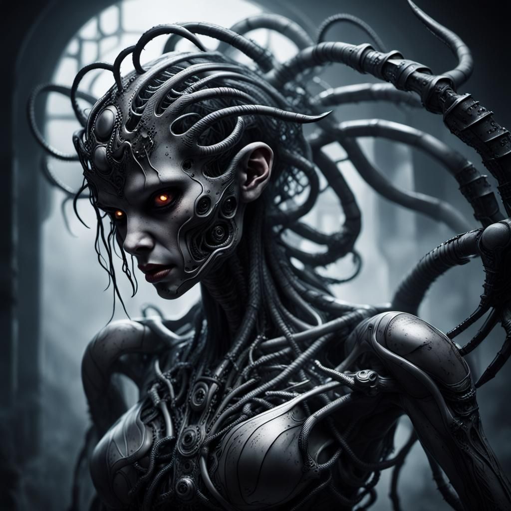 Cyborg Demon in Dark, Surreal Biomechanical Horror... - AI Art